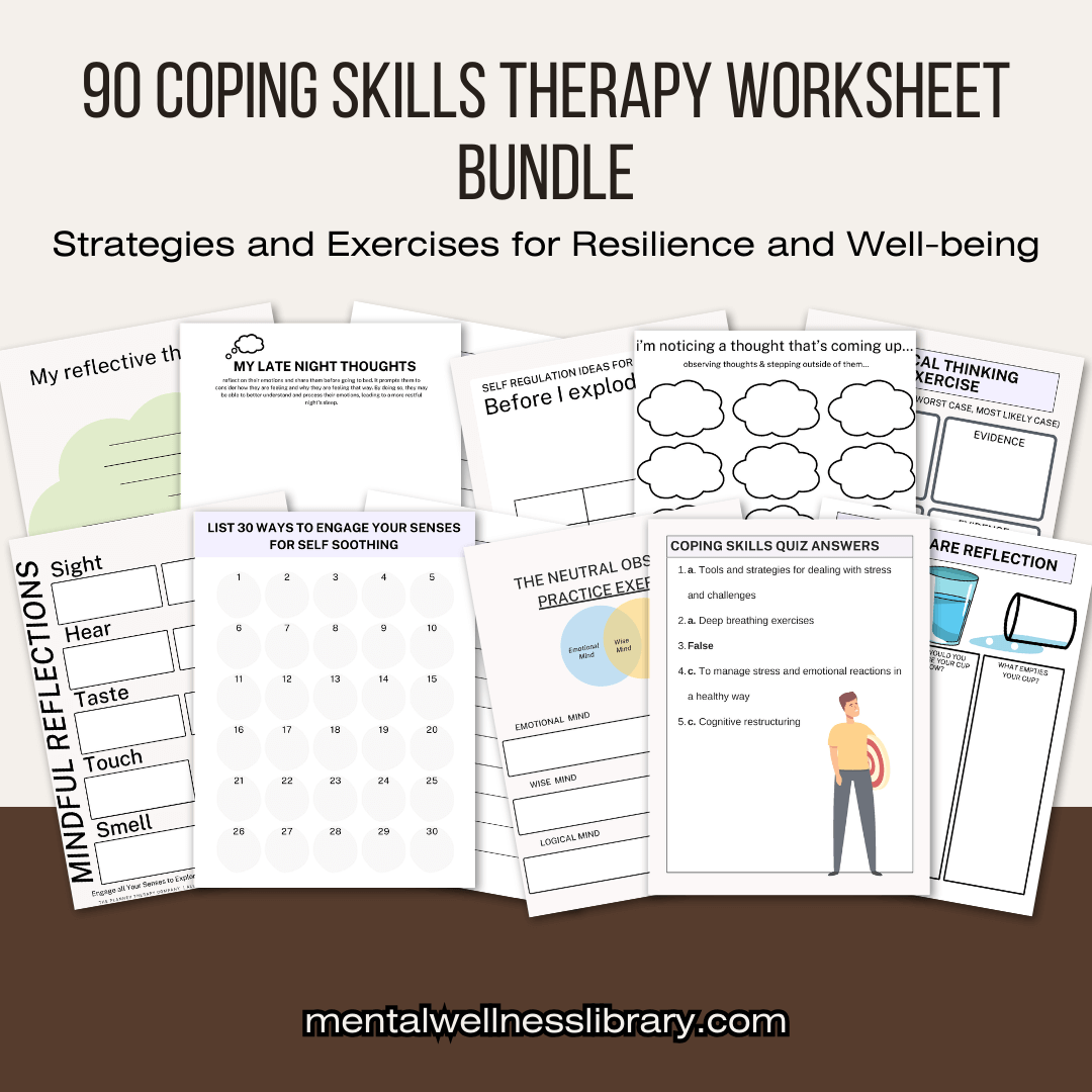 90 Coping Skills Therapy Worksheet bundle – mentalwellnesslibrary