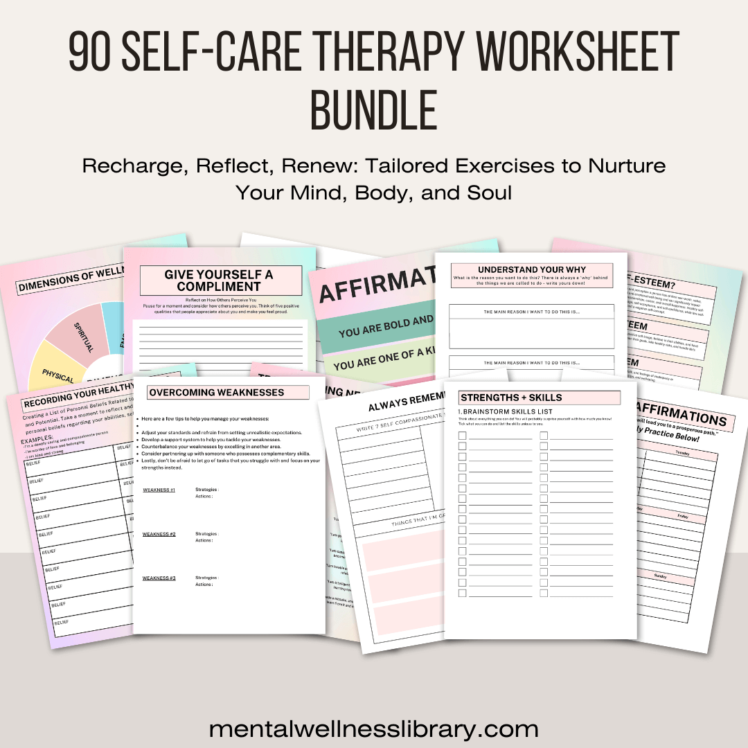 90 Self-Care Therapy Worksheet bundle – mentalwellnesslibrary