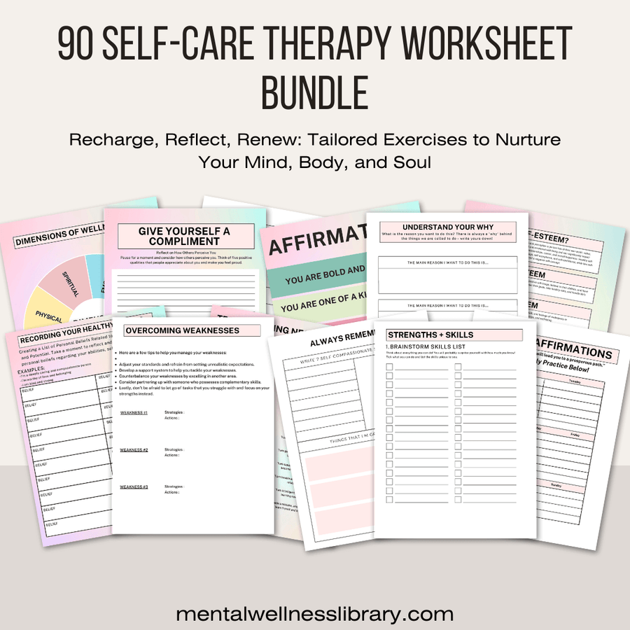 90 Self-Care Therapy Worksheet bundle – mentalwellnesslibrary